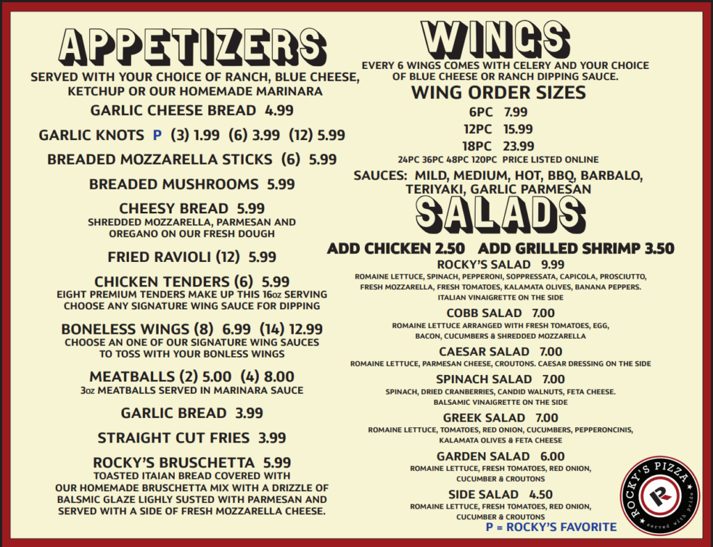Our Menu - We Deliver | Rocky's Pizza